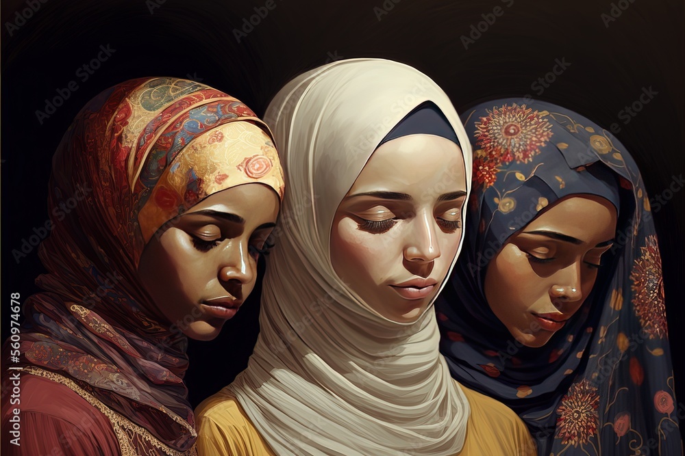 Diverse Muslim with eye closed artwork. Muslim female sisterhood. Women ...