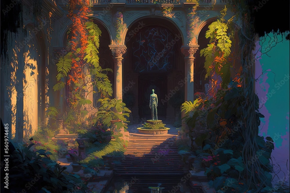 The Hanging Gardens of Babylon illustration. Lush vegetation and exotic ...