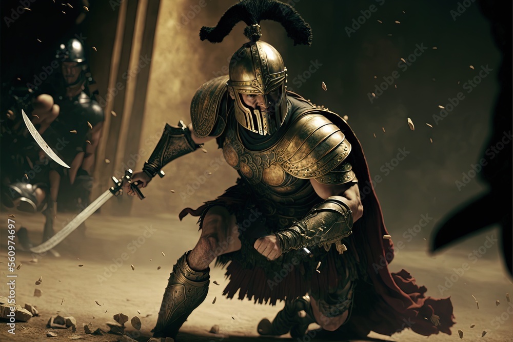 Roman soldier fighting in battle. Legionnaire wielding a sword in ...