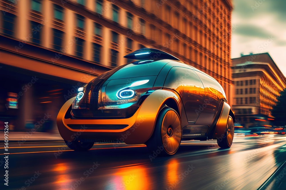 Futuristic electric taxi riding at the city street, blurred in motion ...
