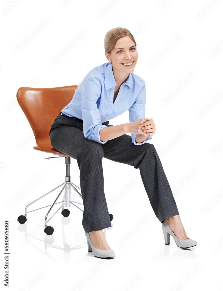 Portrait, smile and business woman on chair in studio isolated on white ...