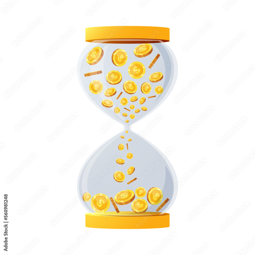 The concept of time is money, money is a symbol of time. Hourglass ...