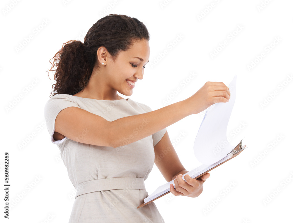 Business, checklist and black woman with smile, clipboard survey or ...