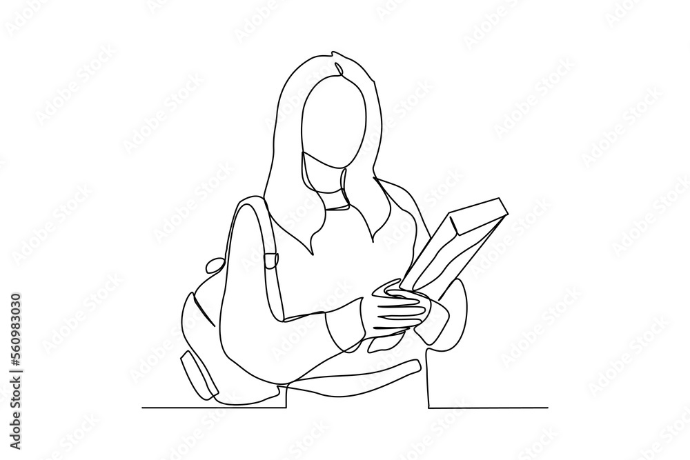 Continuous single one line drawing art of college campus student woman ...