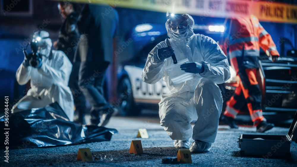 Police Department Team Working on a Crime Scene, Collecting Evidence ...