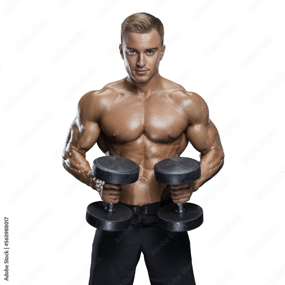 Young attractive bodybuilder posing head down with powerful core ...