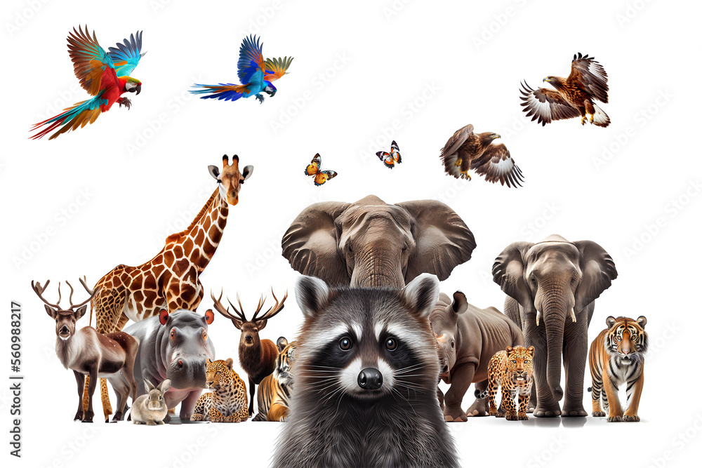 Collection of wild animals, elephant, tiger, deer, rabbit, parrot ...