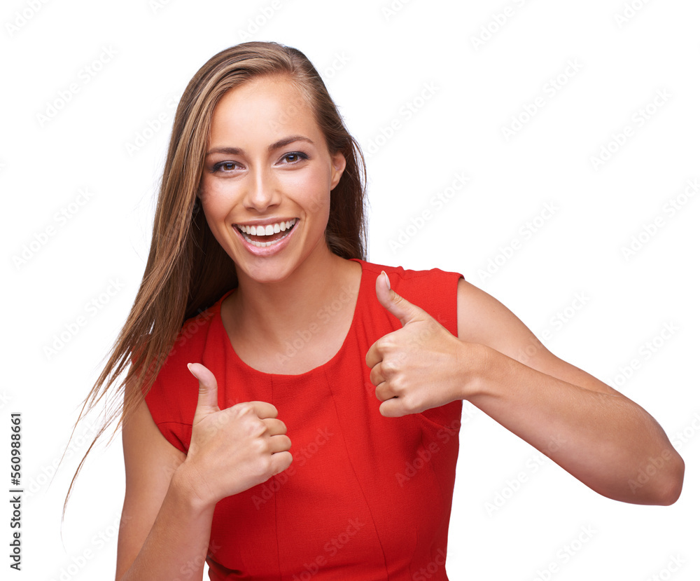 Thumbs up, success and portrait of a woman with a smile isolated on a ...