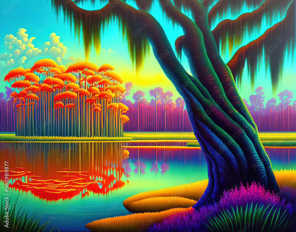 Generative AI stylized landscape art of a beautiful, colorful lake seen ...