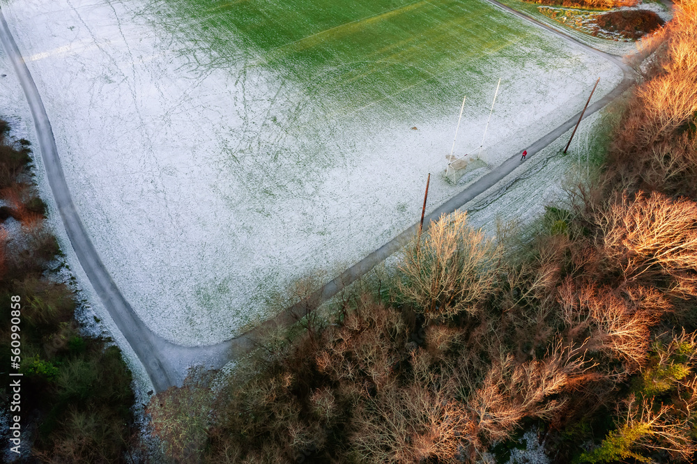 Field with tall goal post for Irish national sport rugby, hurling ...