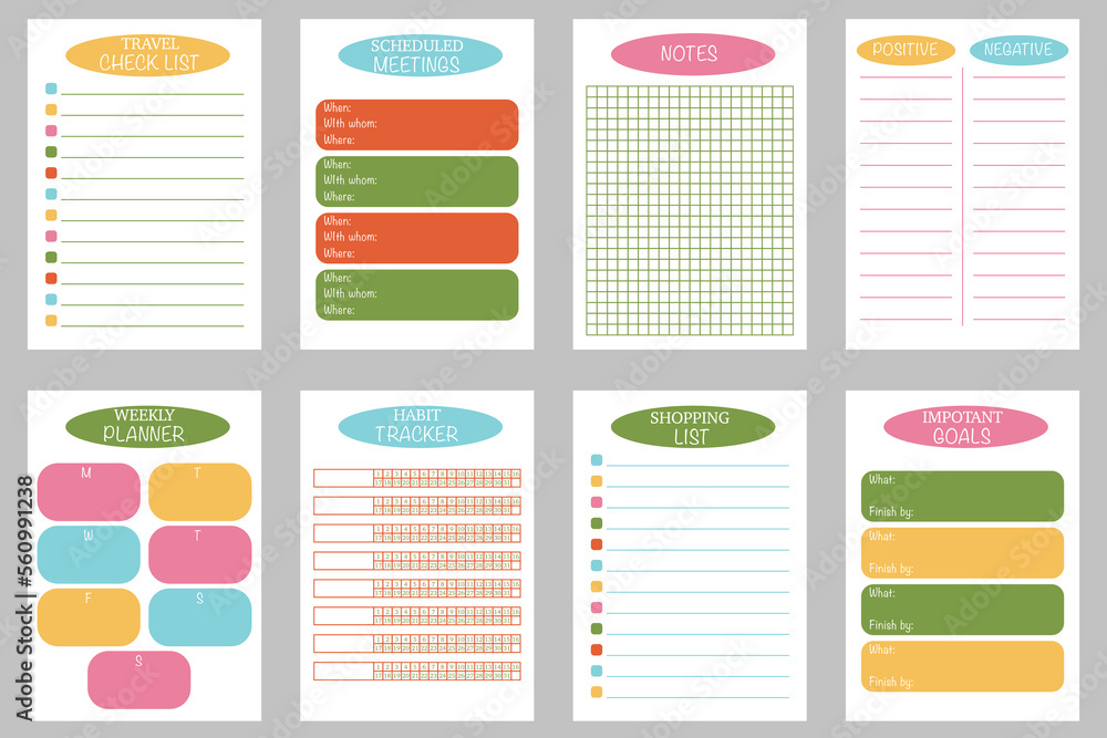 A set of planner templates: travel checklist, shopping list, pros and ...