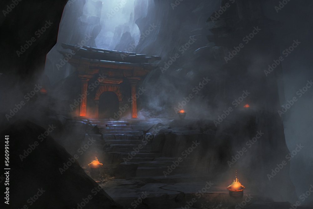 A fantasy scene of temple is dark and musty, with ancient stone walls ...