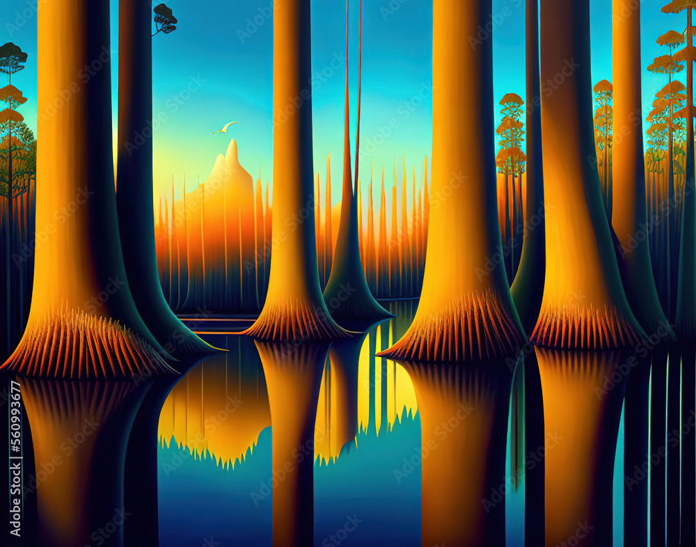 Lake forest landscape with large tall golden-brown tree trunks growing ...