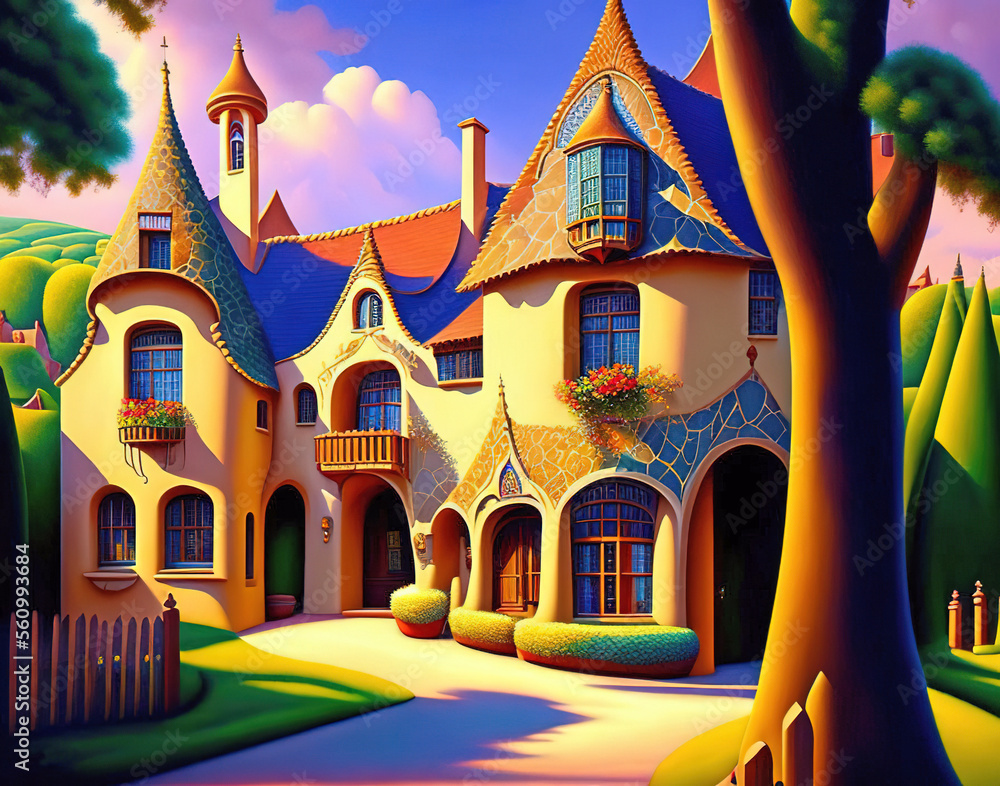 Front of a large fantasy manor house with a winding driveway and picket ...