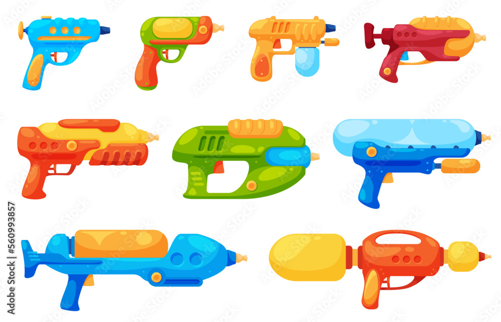 Toy water weapons. Summer games with water spraying in hot weather ...