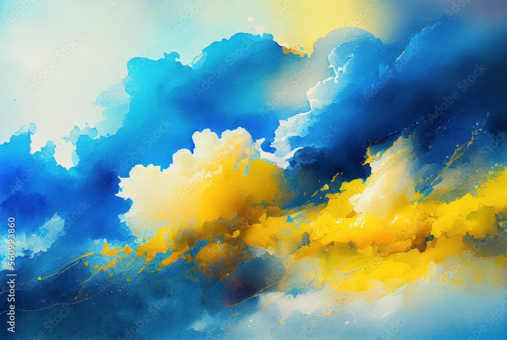 Illustration of cloudscape watercolor painting, blue and yellow clouds ...