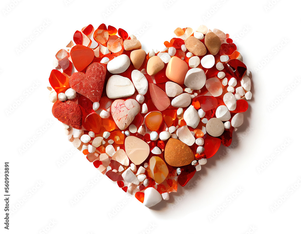 Red and white geode crystals like pebbles or sea glass in heart shape ...