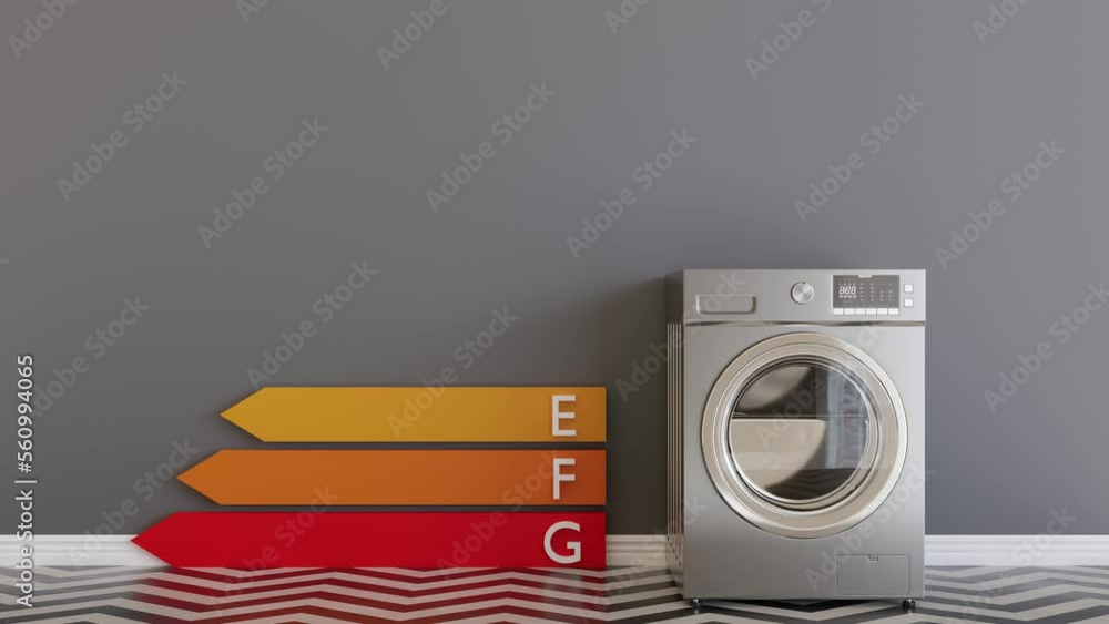 Washing machine and energy efficiency rating chart in room. Household ...