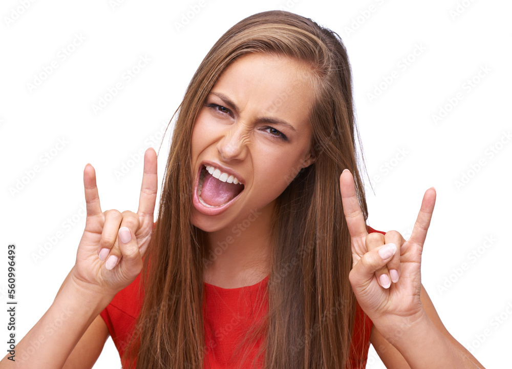 Rock, hands and portrait of woman on a white background for freedom ...