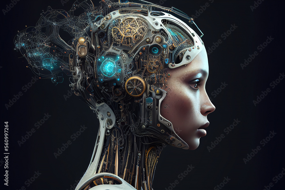 Human head with robotic mechanism details in brain. Android cyborg ...