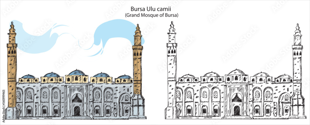 bursa ulu camii, Grand Mosque of Bursa Hand drawing vector illustration ...