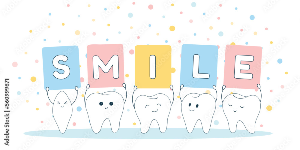 Poster with cute smiling cartoon teeth isolated on white background ...