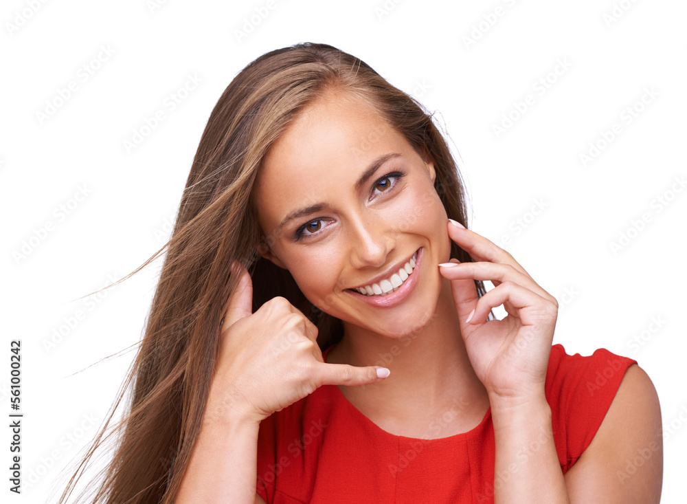 Woman, portrait and call me sign on studio, isolated white background ...
