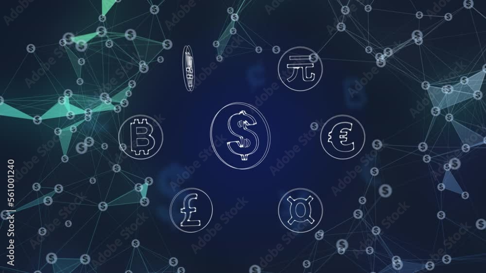 Symbols of world currencies. Dollar sign in the center. Rotating money ...