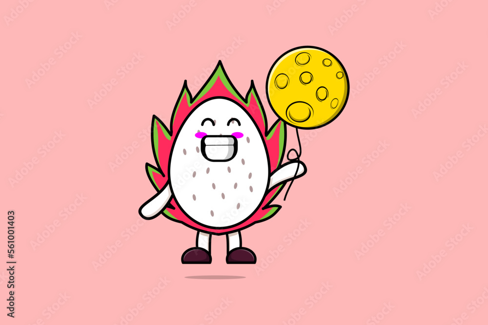 Cute cartoon Dragon fruit floating with moon balloon cartoon vector ...