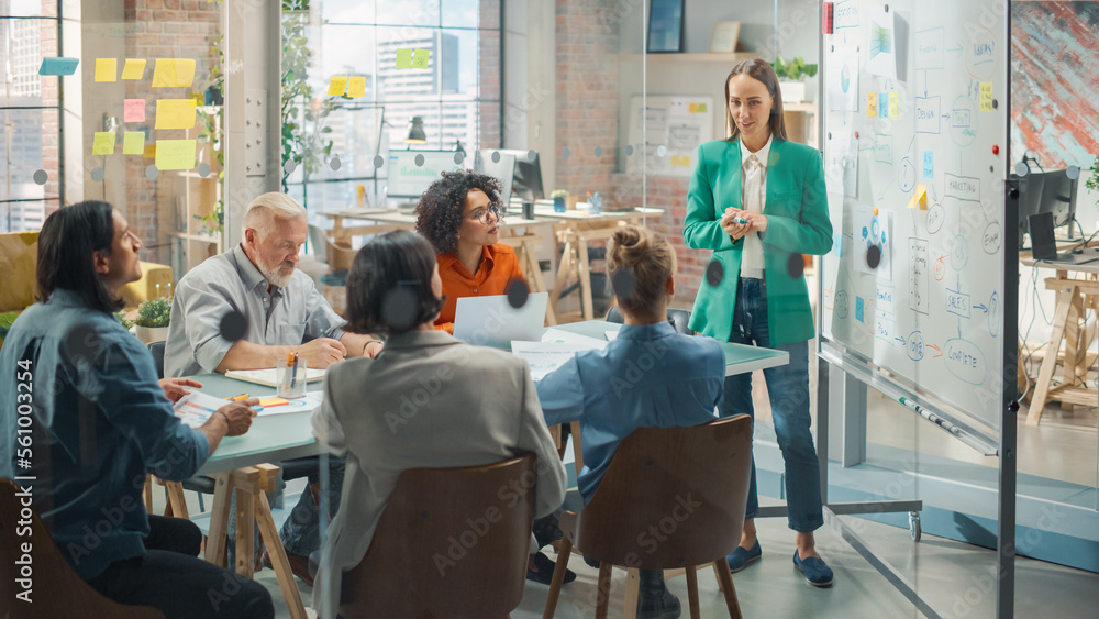 Young and Beautiful Female Project Manager Holds a Meeting Presentation ...