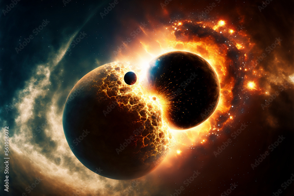 Collision of planets in space. Explosion and flash. Created with ...