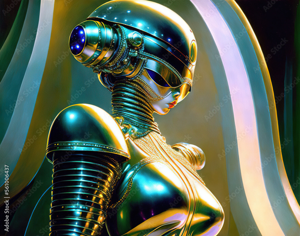 Shiny metallic cyborg robot in feminine form with a futuristic helmet ...