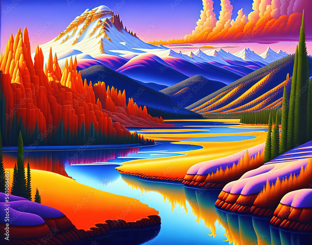 Beautiful colorful landscape with a river winding through lowlands past ...