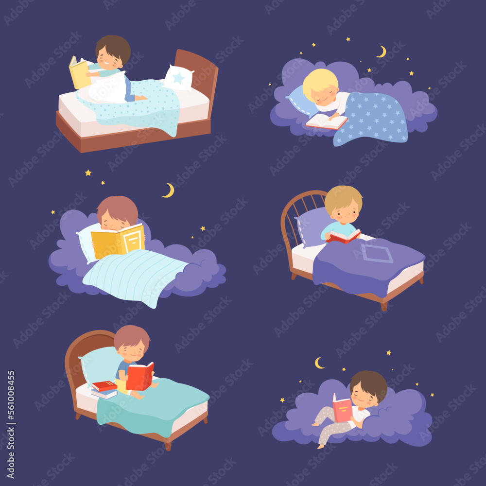 Cute kids reading books before sleeping set. Little girls and boys ...
