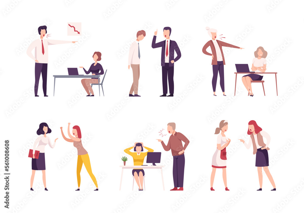 Angry boss shouting at employees set. Stressed office workers ...