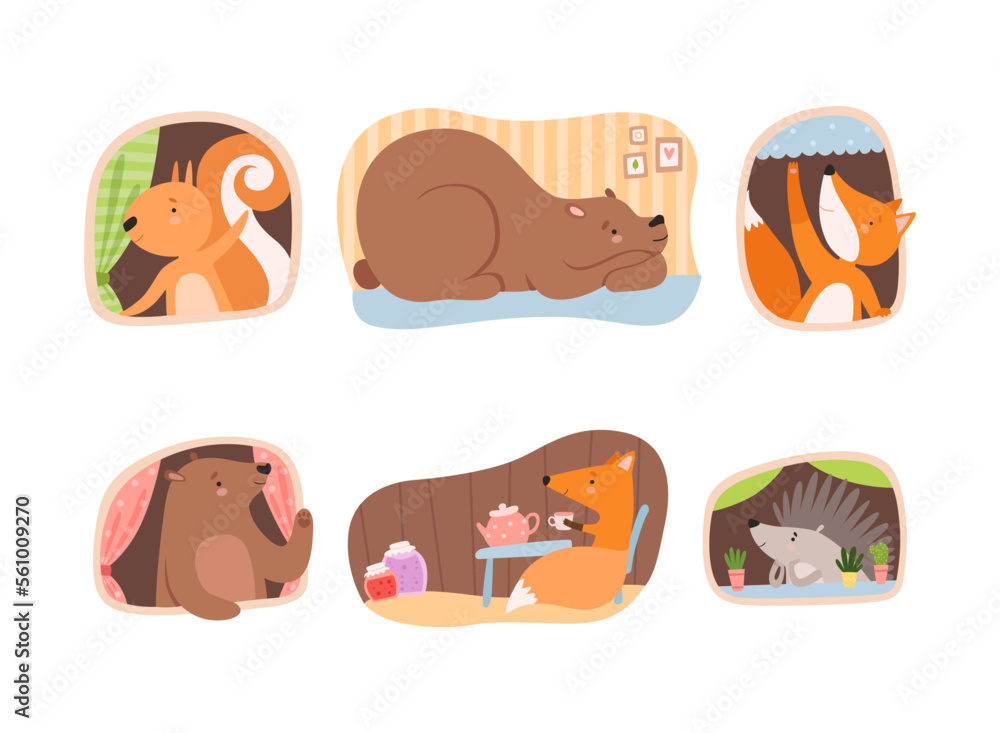 Cute animals living in their cozy burrows set. Squirrel, bear, fox ...