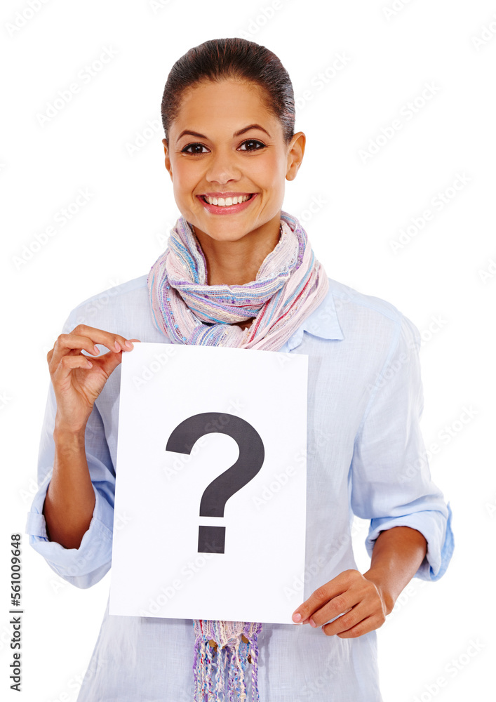 Black woman, question paper and smile portrait for poster advertising ...