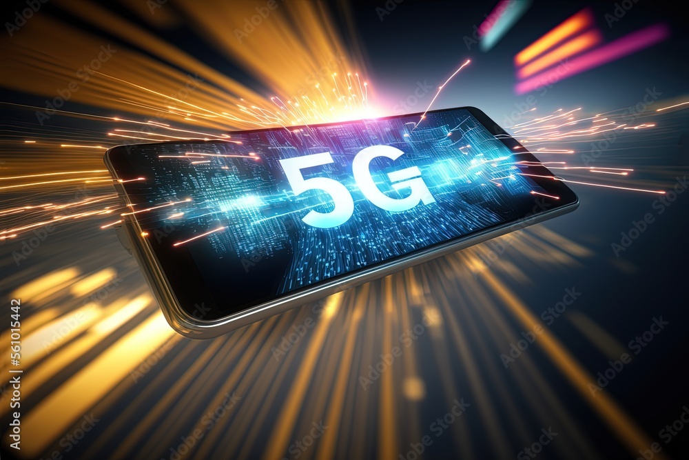 5G word on circuit board with blue and yellow neon light trail glow in ...