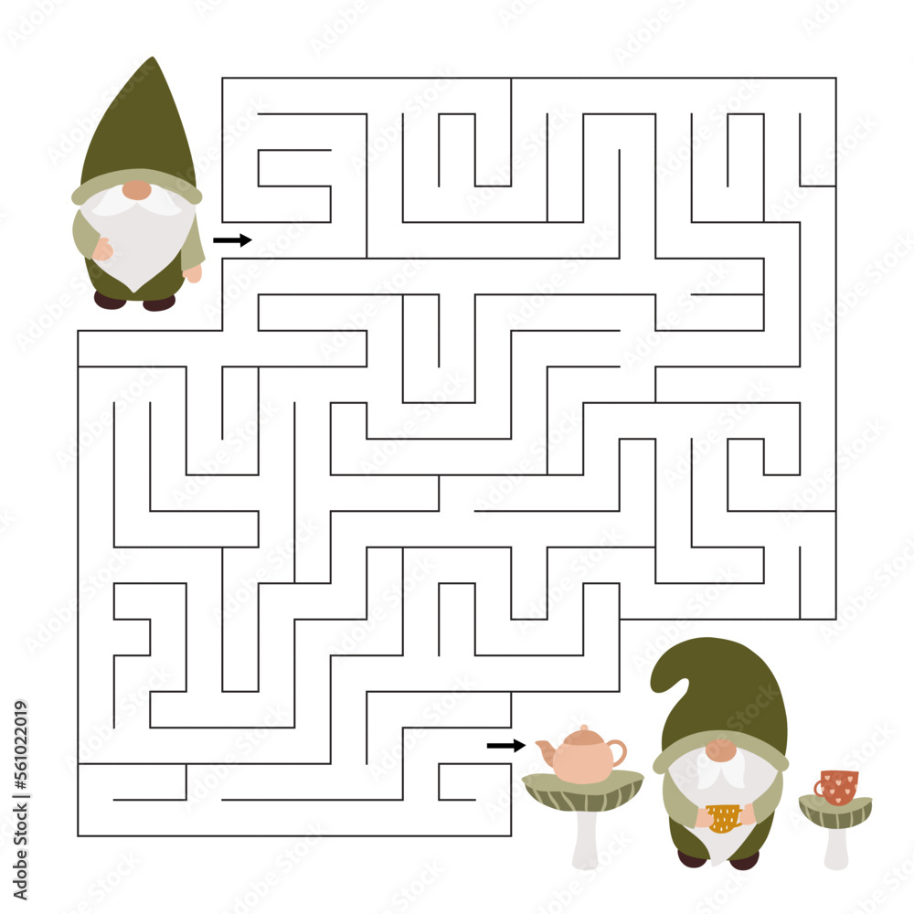Maze game with cute garden gnomes. Tea time. Labyrinth puzzle for kids ...