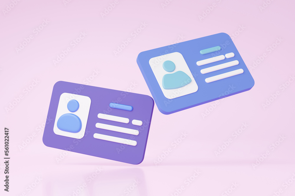 3D identification Id card man and woman floating on pink background ...