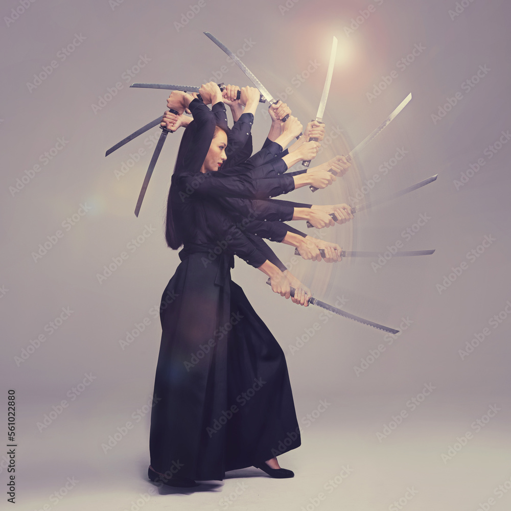 Woman, warrior nun and sword in martial arts with motion blur strike ...