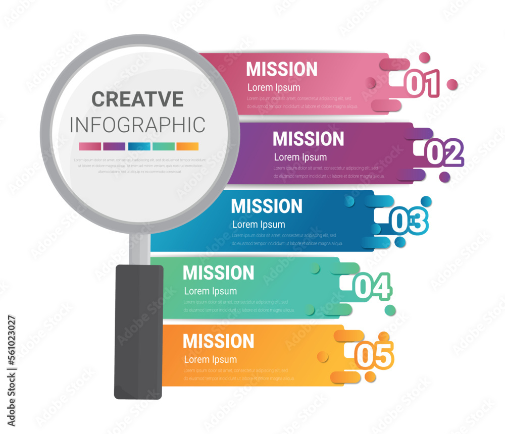 infographic Template with magnifier, education infographic 5 steps ...