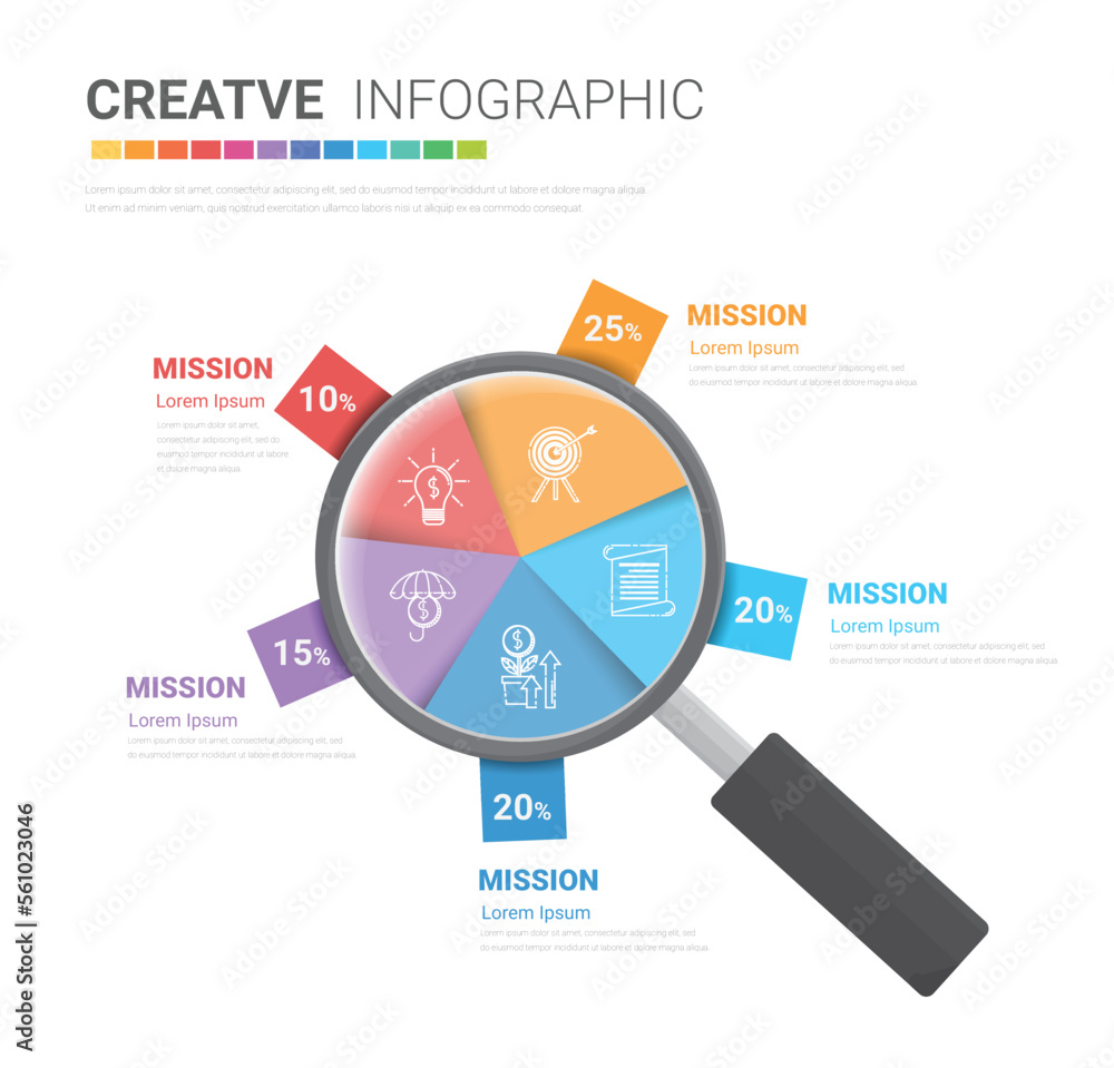Magnifying glass, Simple infographic 5 step design template. Problem ...