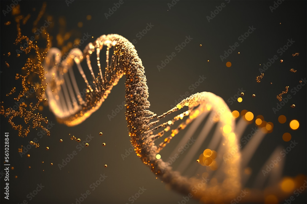 Human DNA close-up structure, spiral molecular golden particles ...