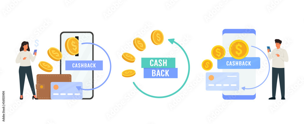 Mobile cash back service. Set of vector illustration of money refund ...
