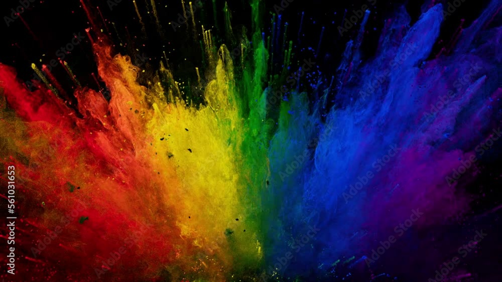 Cg animation of color powder explosion on black background. Lgbt flag ...