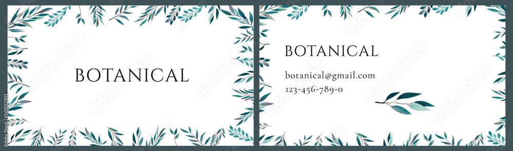 Botanical Business card, Watercolor Greenery leaves illustration ...