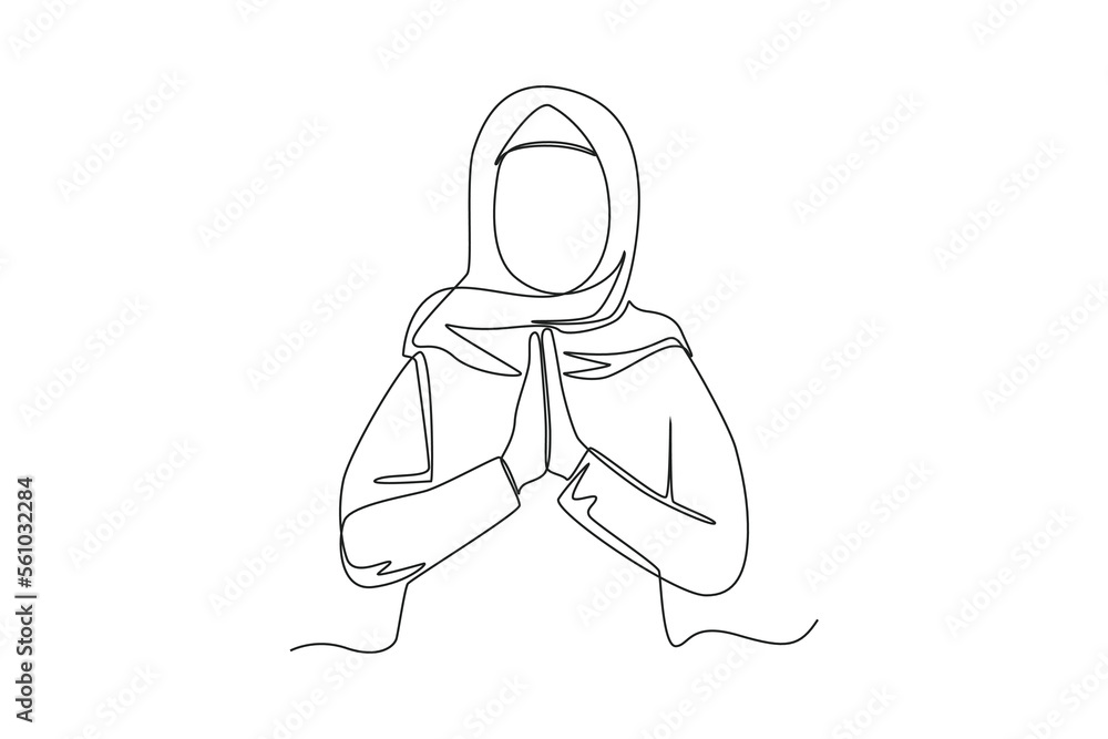 Single one line drawing muslim woman celebrate islamic event with ...