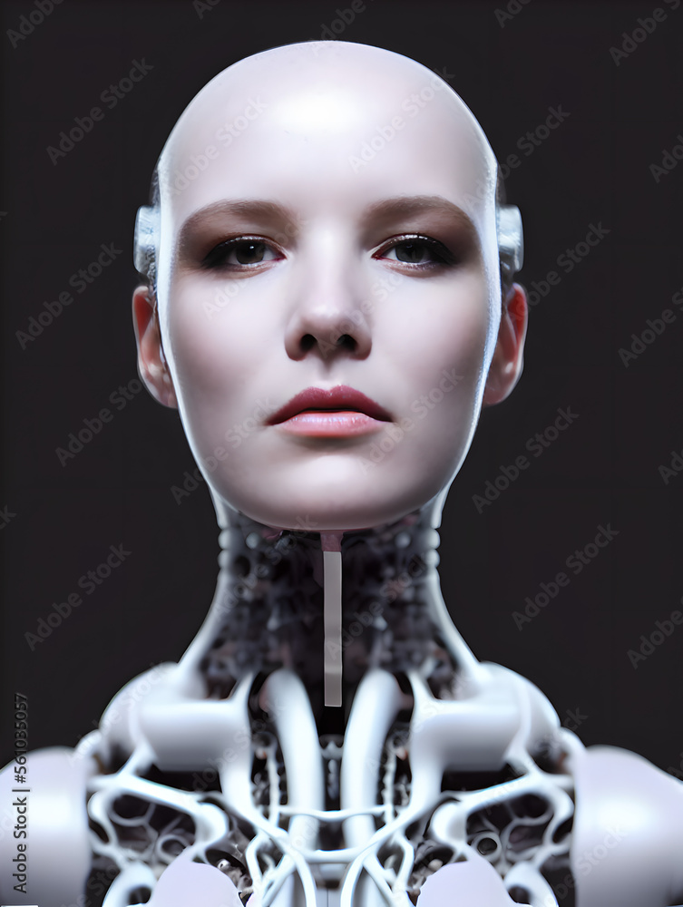 Female cyborg head of an artificial inteligen with porcelain face on a ...