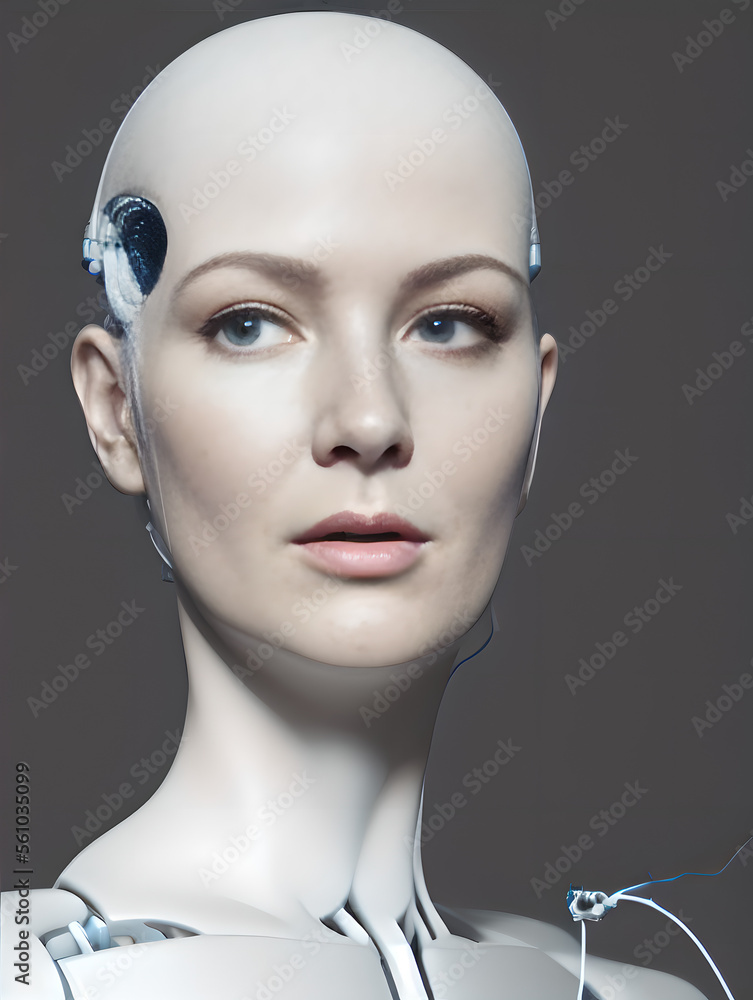 Female cyborg head of an artificial inteligen with porcelain face on a ...